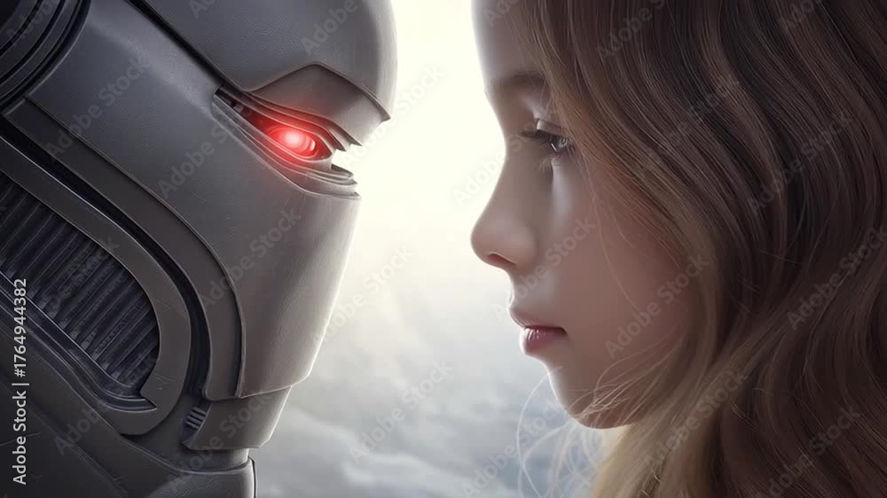 Curious little girl looks into robot’s red eye as metallic face lights ...