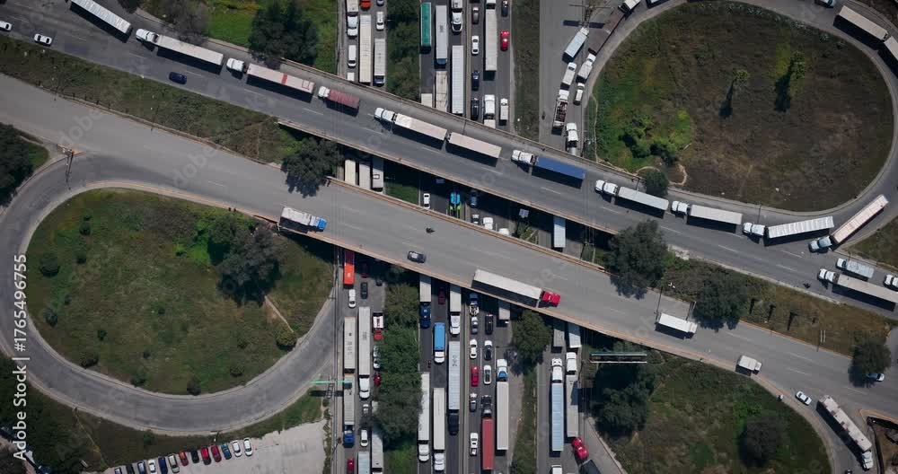Static top-down aerial drone view showing vehicle movement and traffic ...