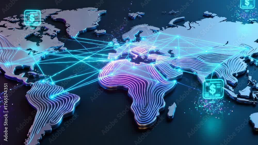 Interconnected world map displaying global financial network. Data flow ...