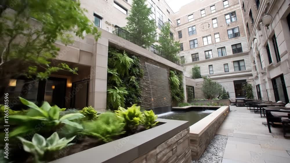 Exterior view of an upscale courtyard with a water feature greenery and ...