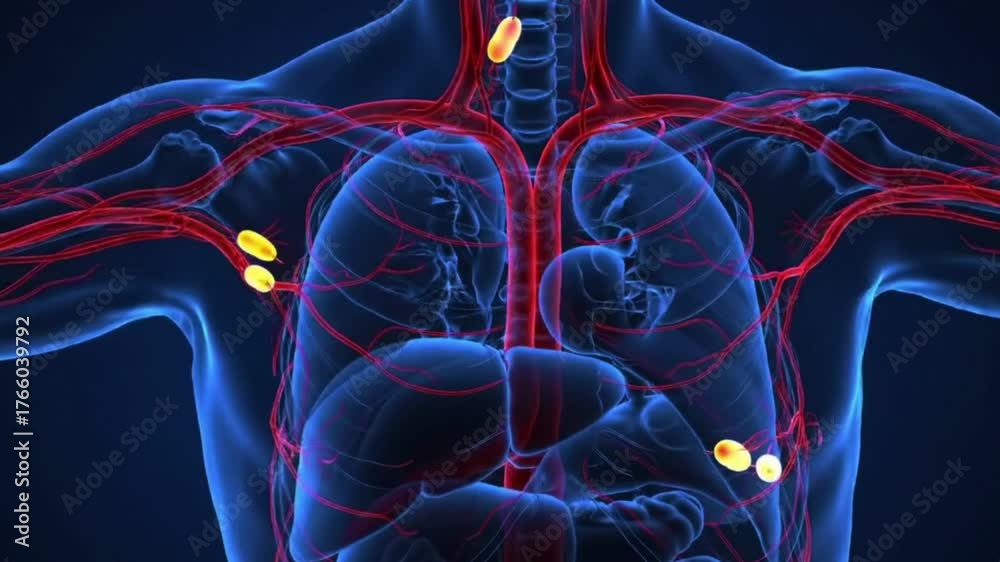 Anatomical rendering showing the vascular system with red arteries and ...