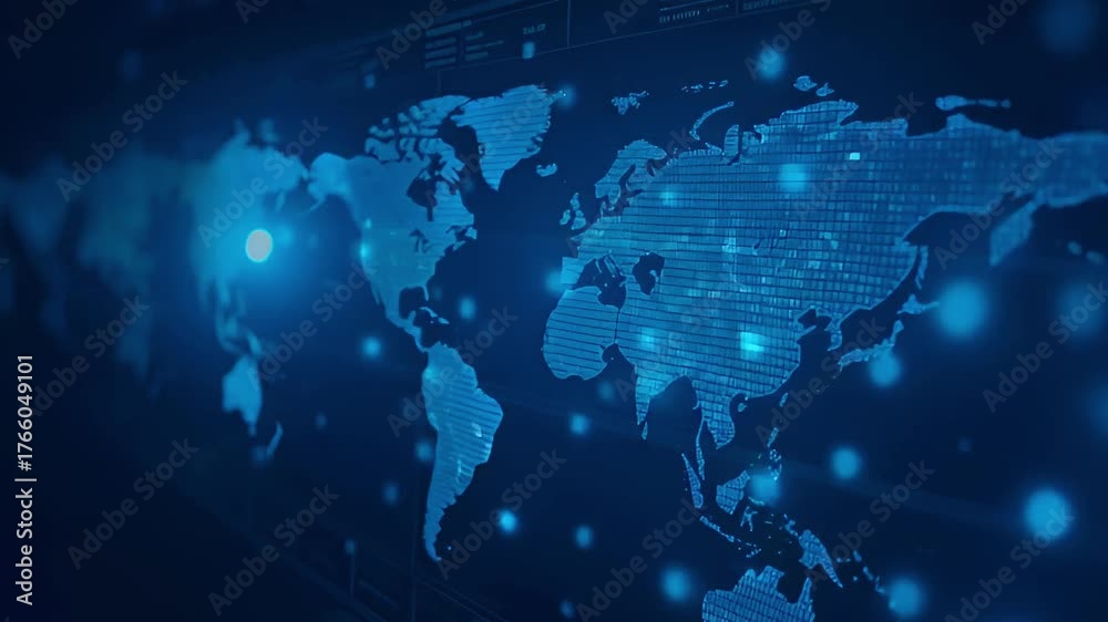 Vidéo Stock World map, network representation with glowing blue nodes ...
