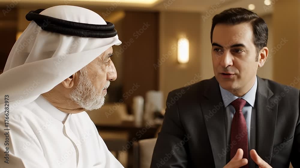 Two men are conversing in a formal setting, one in traditional attire ...