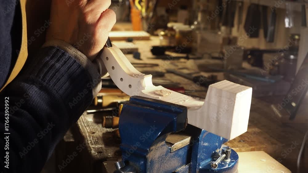 Luthier hand-carving scroll of new violin from a maple neck blank ...
