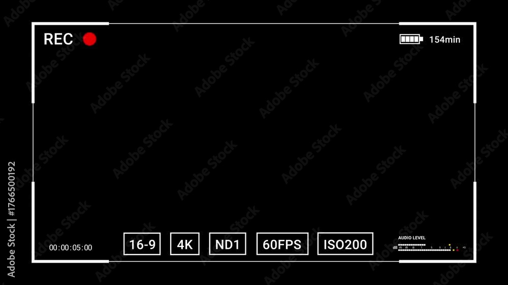 Horizontal 16:9 camera viewfinder recording screen with 4k 60fps data ...