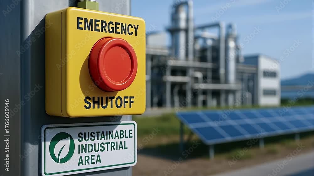 Emergency shutoff button on industrial control panel and pole near ...