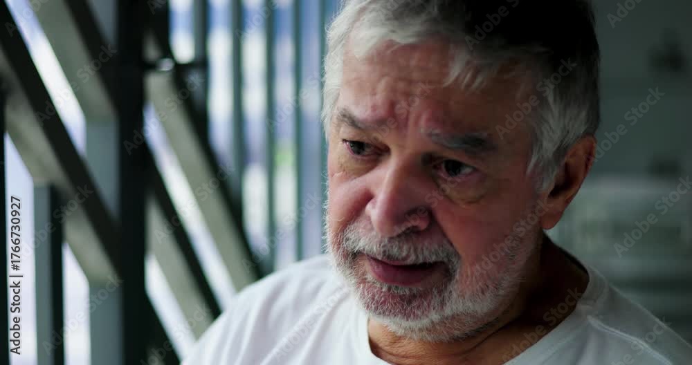 Older man staring upwards with tear-filled eyes, consumed by despair ...