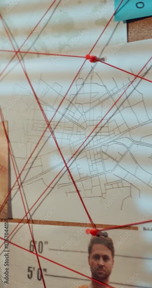 Crime, evidence board and investigation in police station for law ...