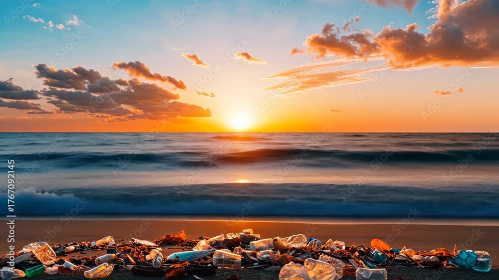Ocean pollution under Sunset: A poignant scene of environmental ...