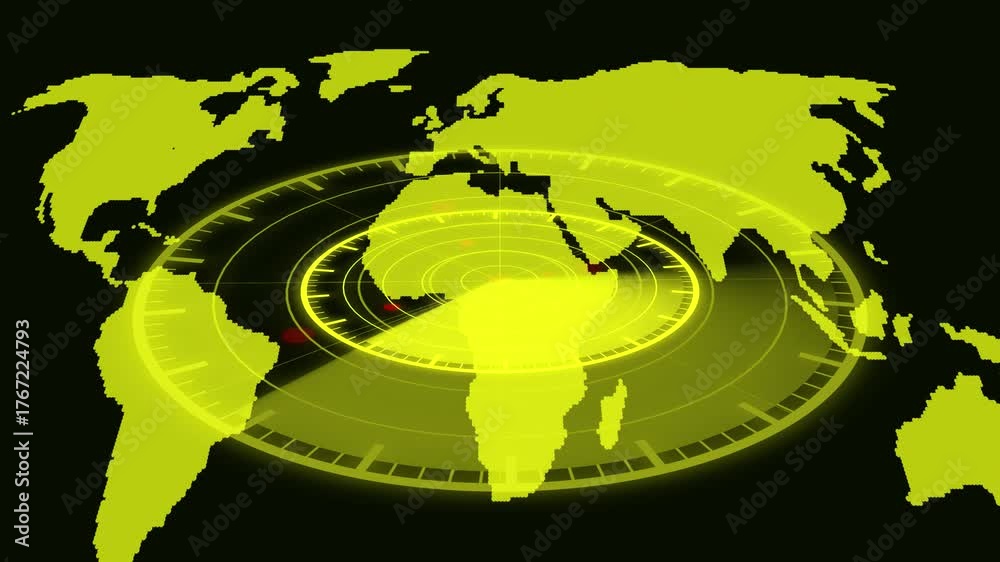 Global digital map showing radar scan with glowing yellow overlay for ...