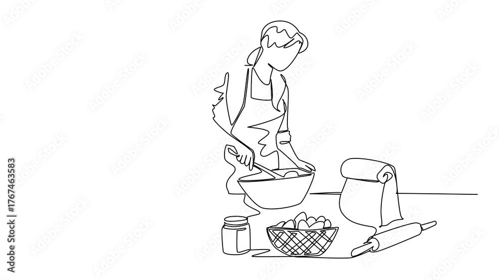 Animation of continuous one line drawing woman is kneading dough ...