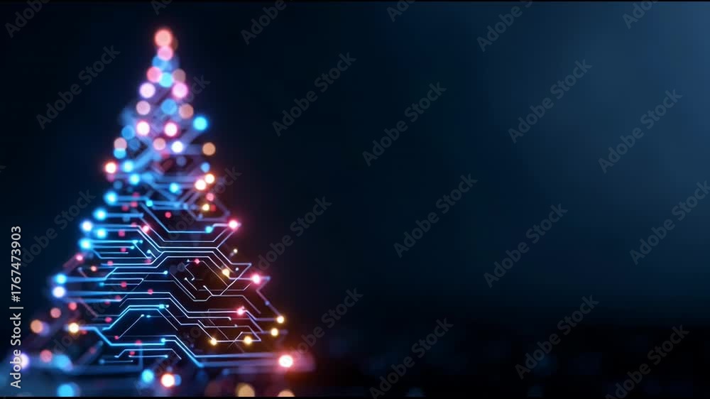 Futuristic christmas tree from digital circuit board with festive ...