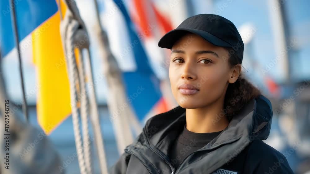 Deckhand hoisting signal flags, coordinating visual communication, and ...