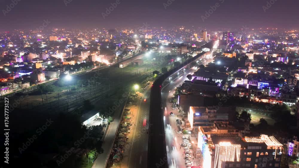 Aerial drone hyper time lapse showing Indian city on diwali night with ...
