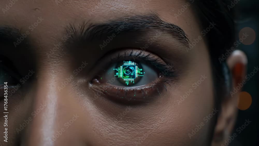 cybersecurity and biometric iris scanner displayed in eye overlay ...