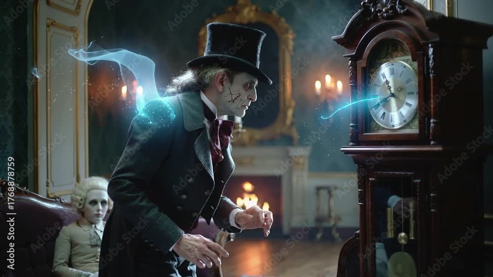 A ghoulish man in a top hat is struck by a blue magic spell in a spooky ...