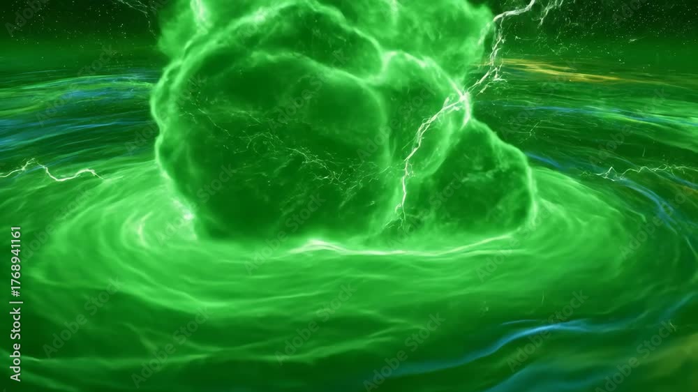 Turbulent green plasma storm intensifying and subsiding, presented as a ...