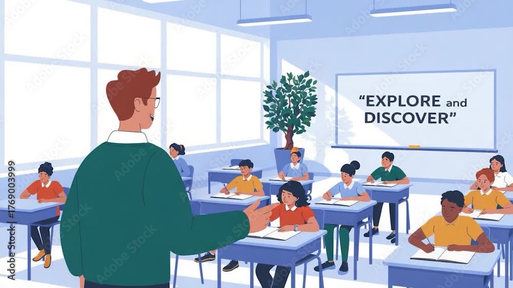 Teacher Leading a Class of Diverse Students in a Bright Classroom with ...