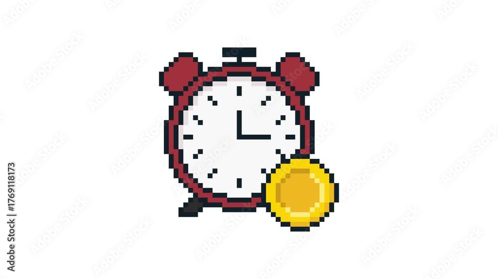 8-bit pixel art red alarm clock with yellow coin. looped animation 4k ...