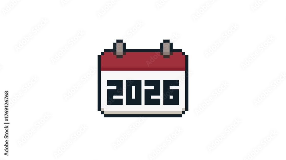 8-bit pixel art red retro calendar with 2026 number. looped animation ...