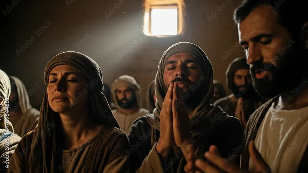 People in biblical times praying with eyes closed, men and women in ...
