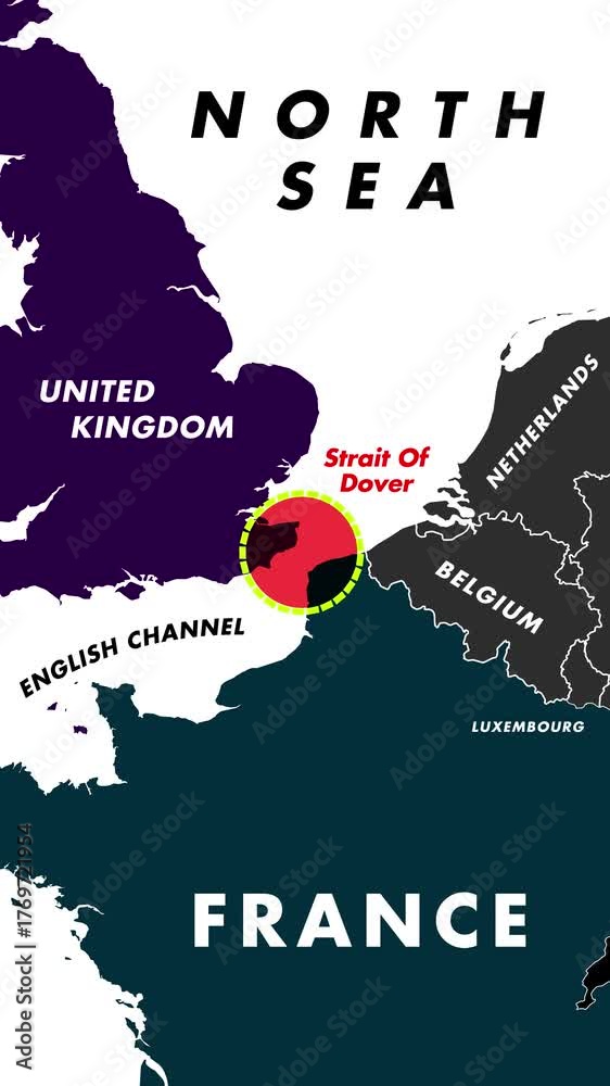 4K Vertical Map Animation Of Strait Of Dover With Rotating Yellow ...