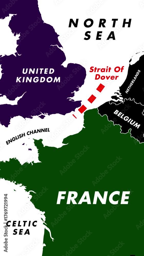 4K Vertical Map Animation Of Strait Of Dover With Forward Moving Red ...