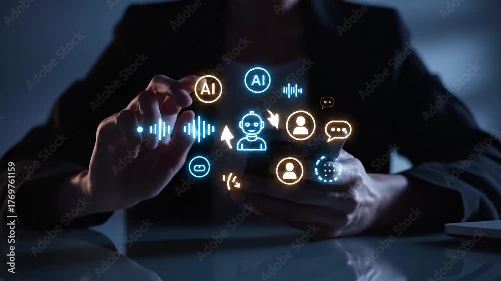 Artificial intelligence chatbot interface with holographic icons ...