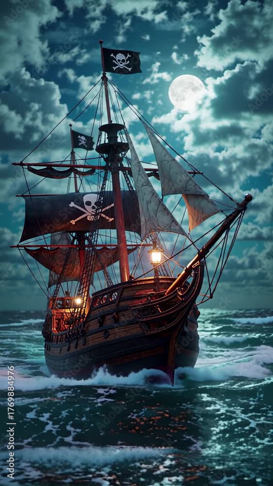 pirate ship sailing stormy seas under full moon dramatic scene ...