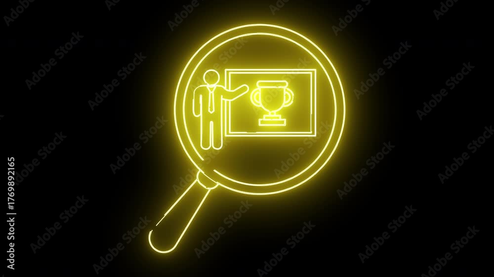 A yellow neon outline of a magnifying glass highlighting a presentation ...