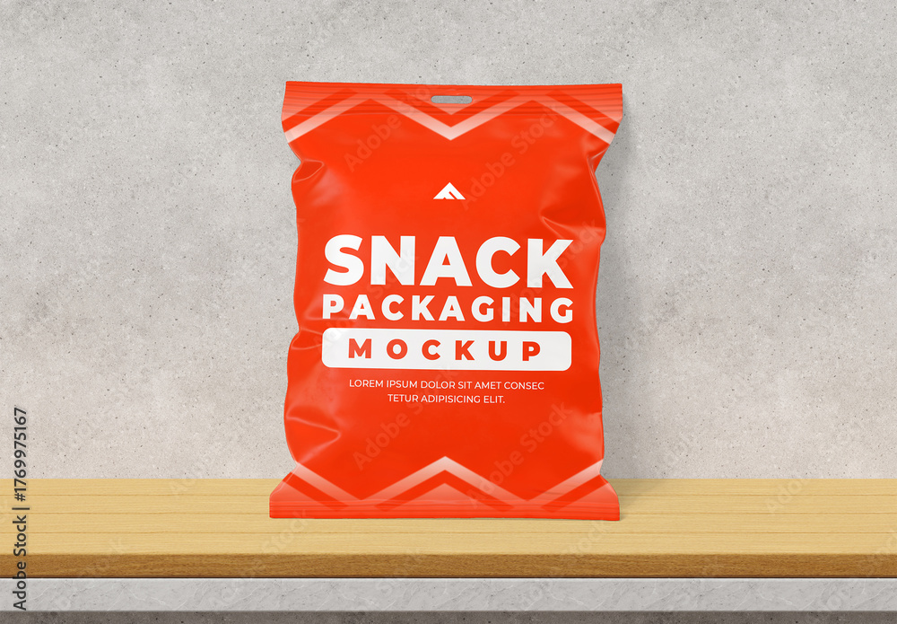 Stand-up Snack Packaging Bag Mockup on Wooden Surface with Shadow Stock ...
