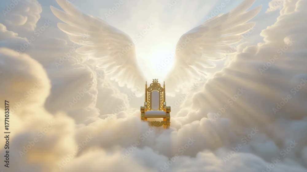 Animated heavenly golden throne of God with angel wings surrounded by ...