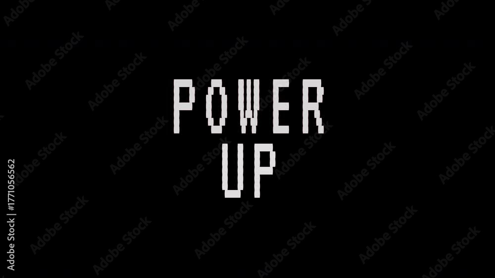 Pixelated POWER UP message flickering on black background, retro video ...