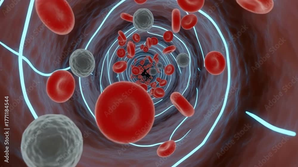 Microscopic view inside a blood vessel with red blood cells and white ...