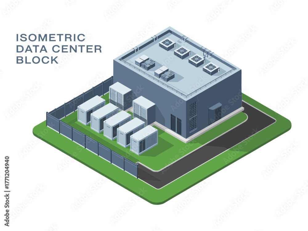 Isometric data center block, server building with rooftop units, fenced ...