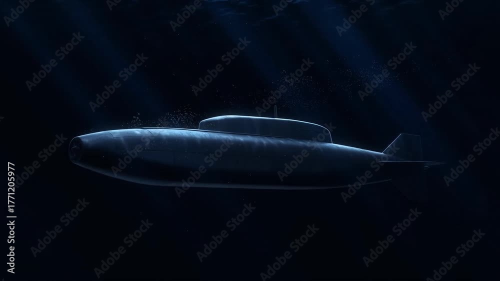 Realistic Military Submarine Cruising Slowly in Deep Dark Ocean ...