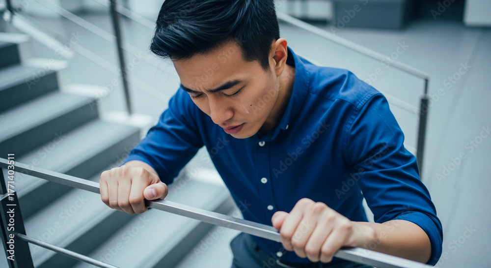Man crying alone on staircase indoors, emotional support and mental ...