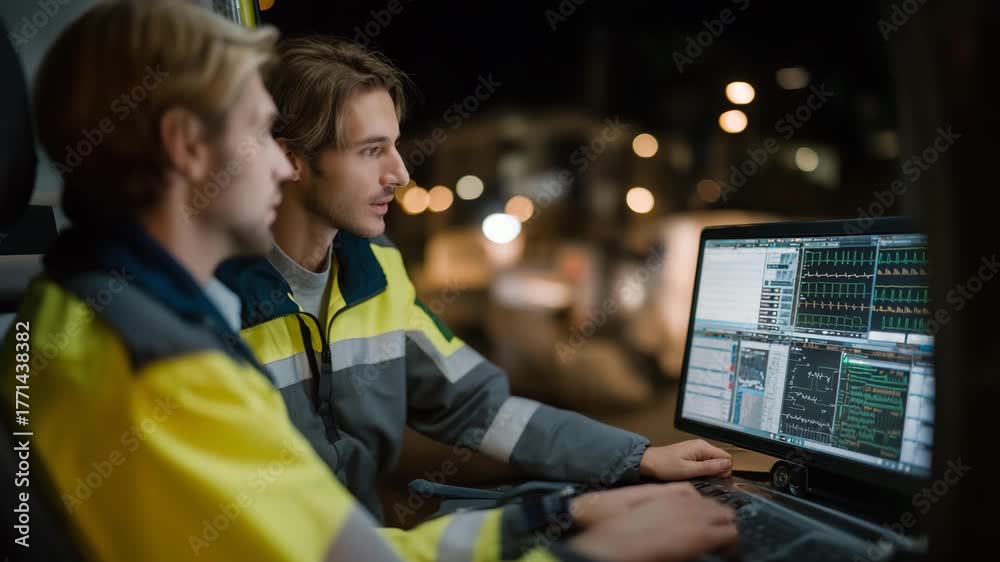 911 paramedics in a modern ambulance checking a digital patient vitals ...