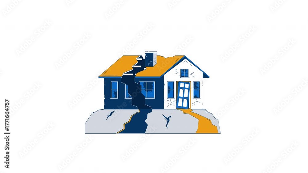 Earthquake damaged house doodle cartoon animation. Broken property ...