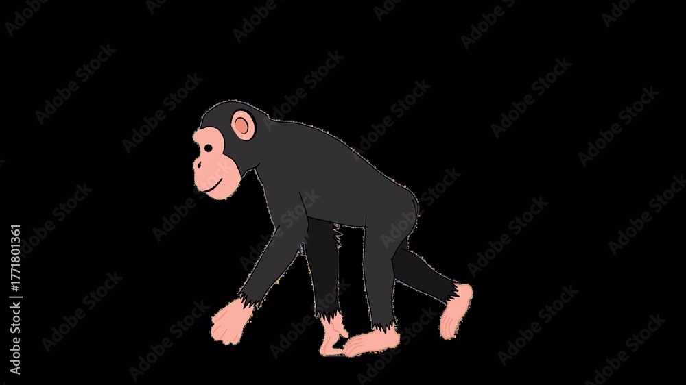 A funny cartoon chimpanzee walking in side view on a transparent alpha ...