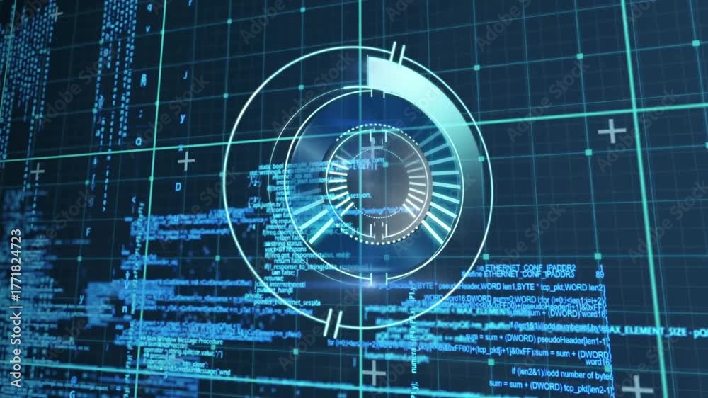 Upon activation, circular scanner rotating inner rings and pulsing bars ...
