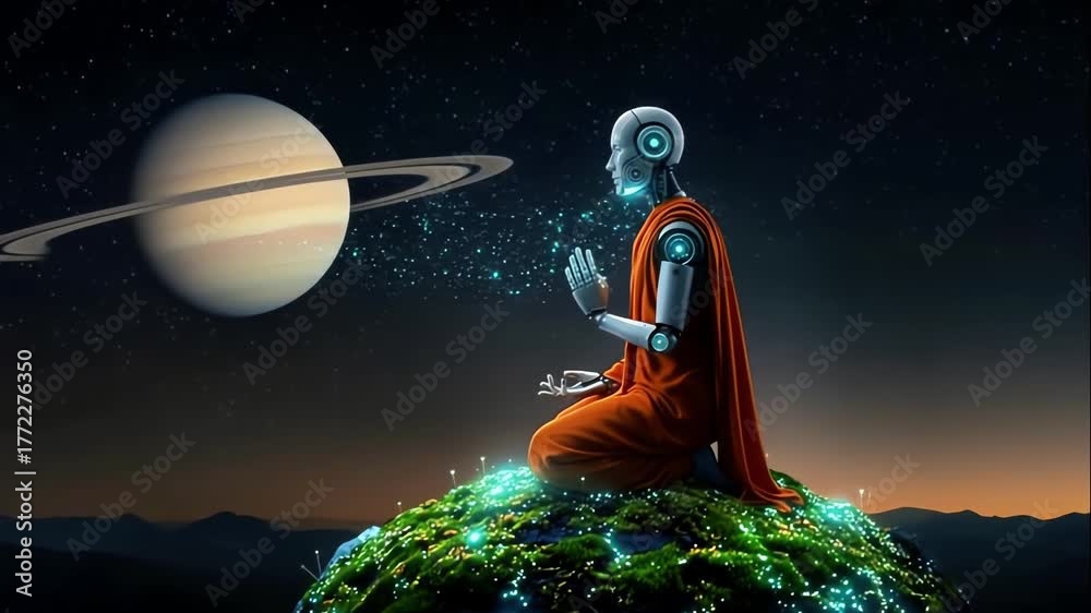 Monk on tiny planet, ancient ceremonial figure in space, robot monk ...