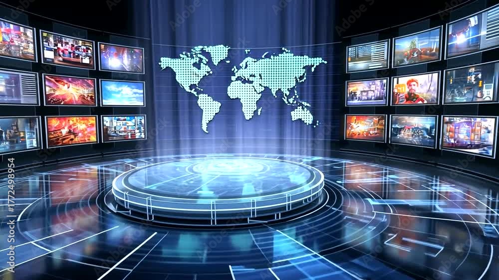 Digital news studio with a glowing world map, central platform, and ...