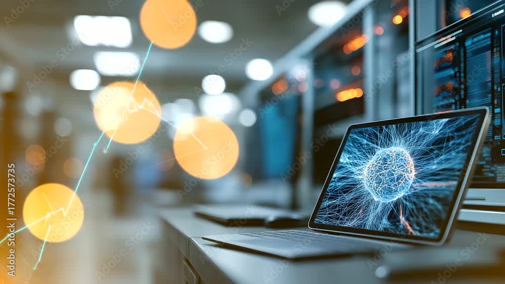 An AI research workstation in a high tech data center displays neural ...