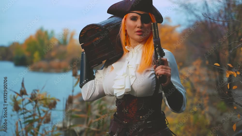 Beauty woman one-eyed pirate holds in hands carries old style brown ...