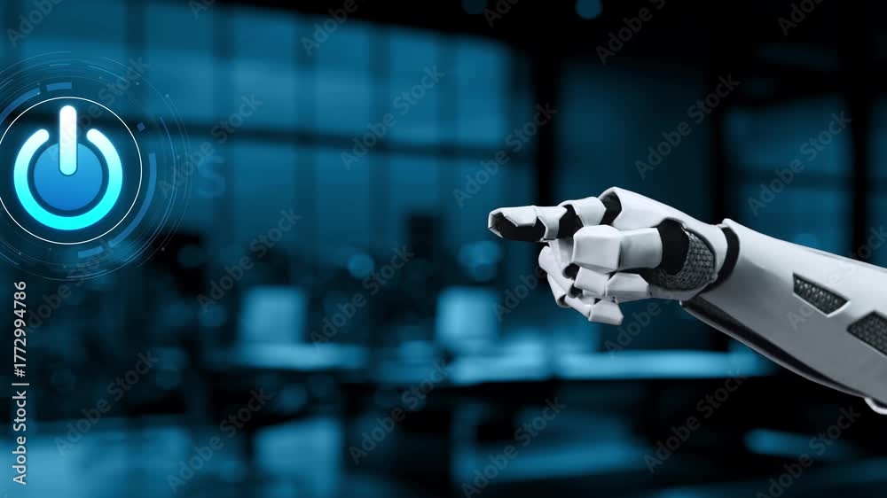 A robotic arm points towards a glowing power button symbol with the ...