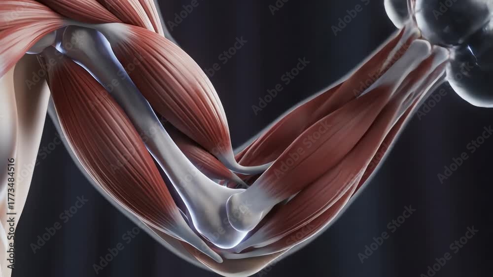 The human elbow joint working as a natural fulcrum, muscles and tendons ...