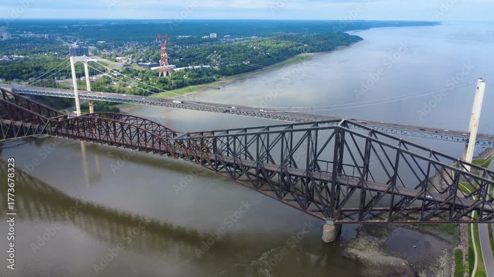 Bird's-eye view of two generations of bridges. The longest cantilever ...