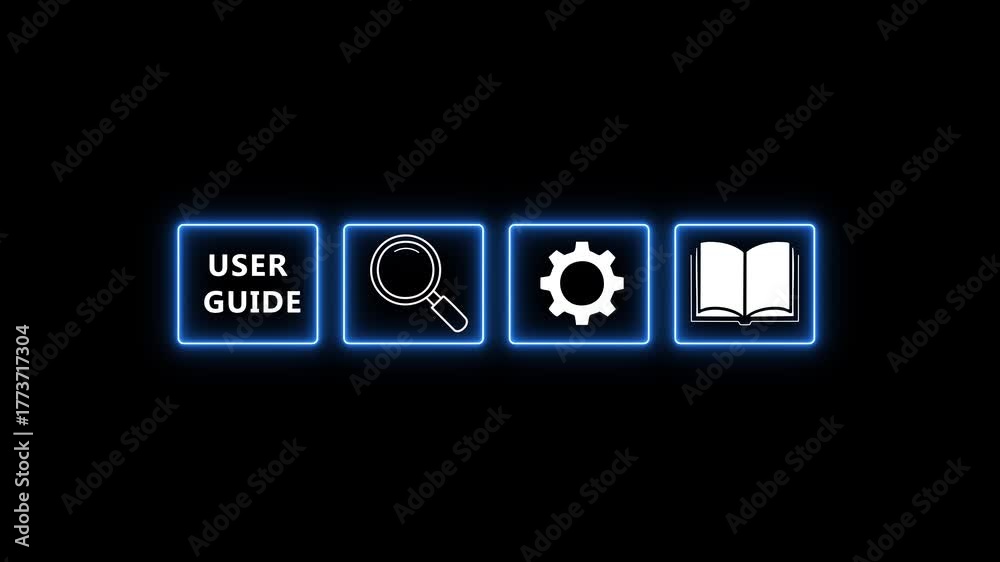 User guide icons with blue neon glow on black background manual ...