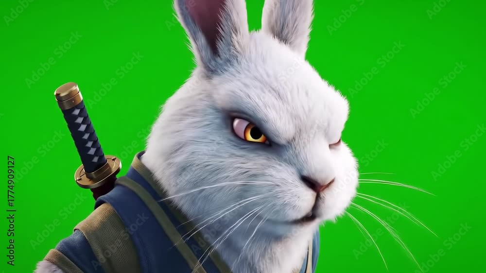 A detailed closeup of a 3D animated white rabbit character with a ...